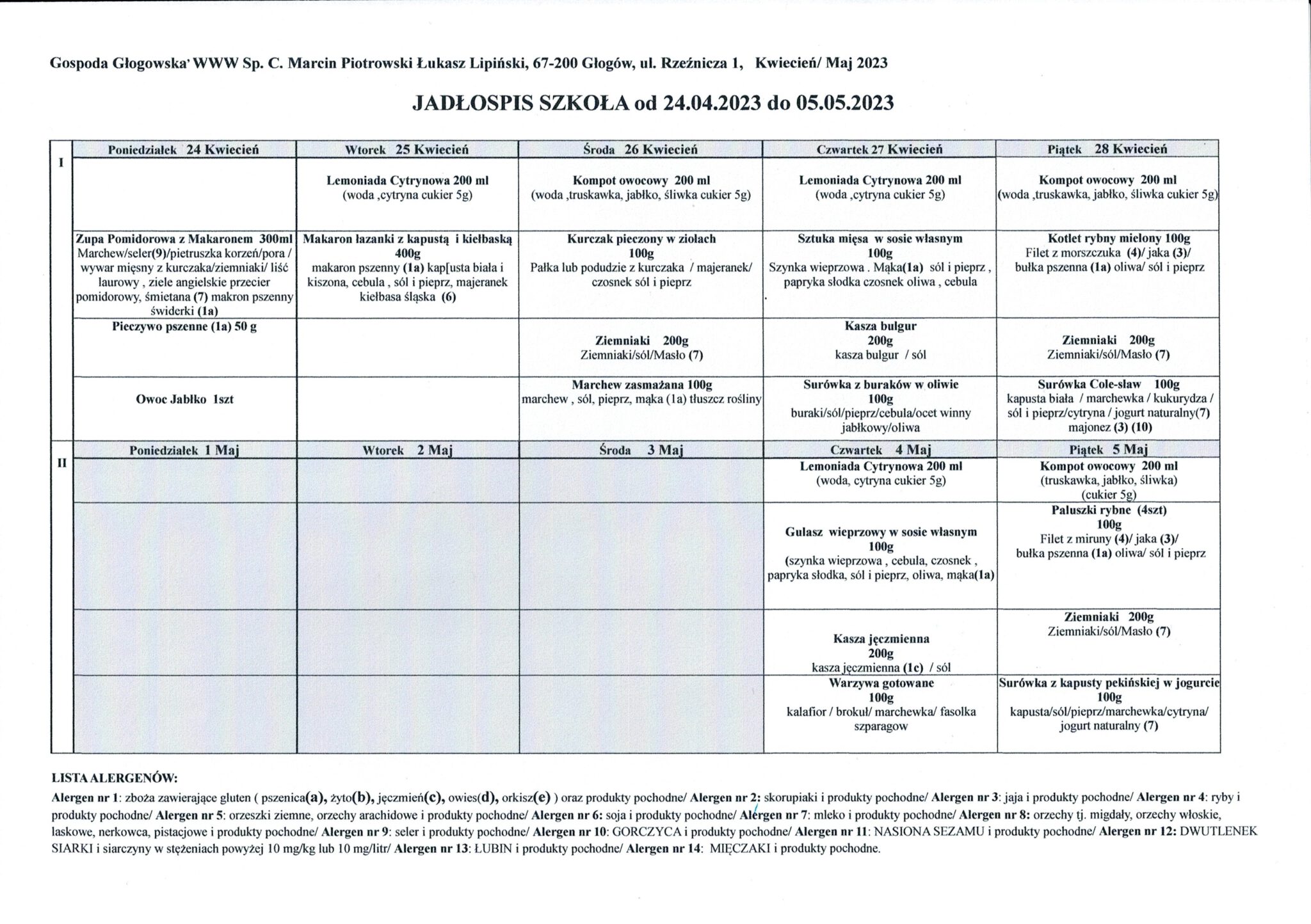 Jadłospis od 24.04.2023r. do 05.05.2023r. – Szkoła Podstawowa w Jaczowie